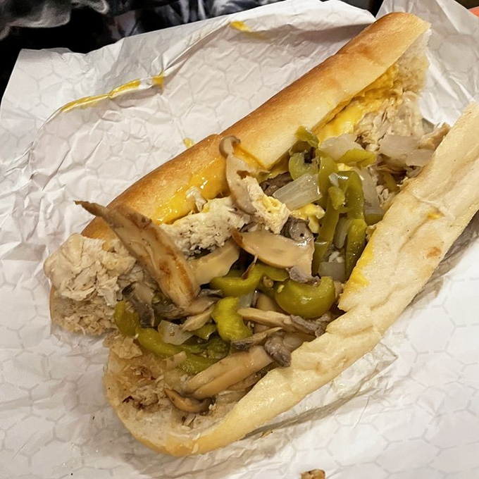 A chicken cheesesteak loaded with mushrooms and peppers&mdash;proof that poultry can play in the big leagues of Philadelphia sandwich culture.