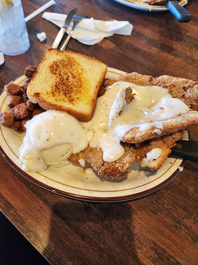 Chicken fried steak swimming in gravy with a side of potatoes &ndash; because vegetables would just get in the way of perfection.
