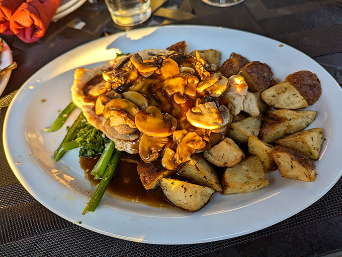 A symphony of savory satisfaction &ndash; Chicken Marsala hits all the right notes with tender chicken, earthy mushrooms, and roasted potatoes.