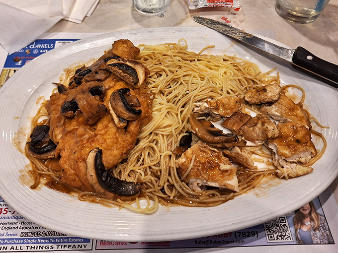 Chicken Marsala that would make an Italian grandmother nod in approval. Tender chicken and earthy mushrooms swimming in wine sauce over perfect pasta.