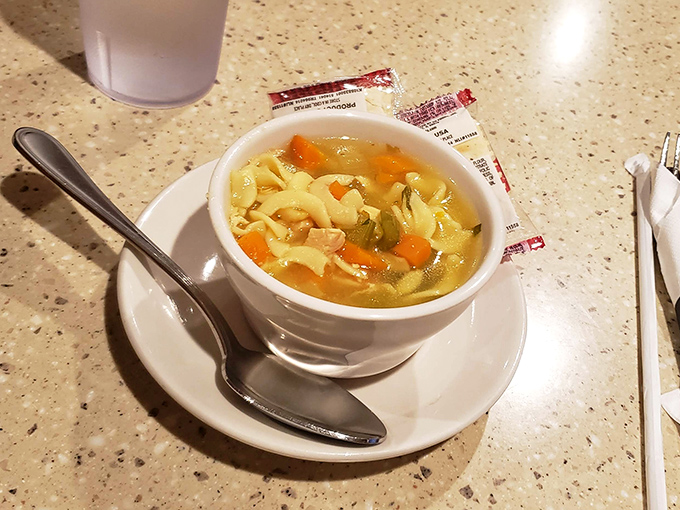 Chicken noodle soup – the liquid penicillin of diner cuisine. Clear broth, tender vegetables, and noodles that somehow never get soggy.