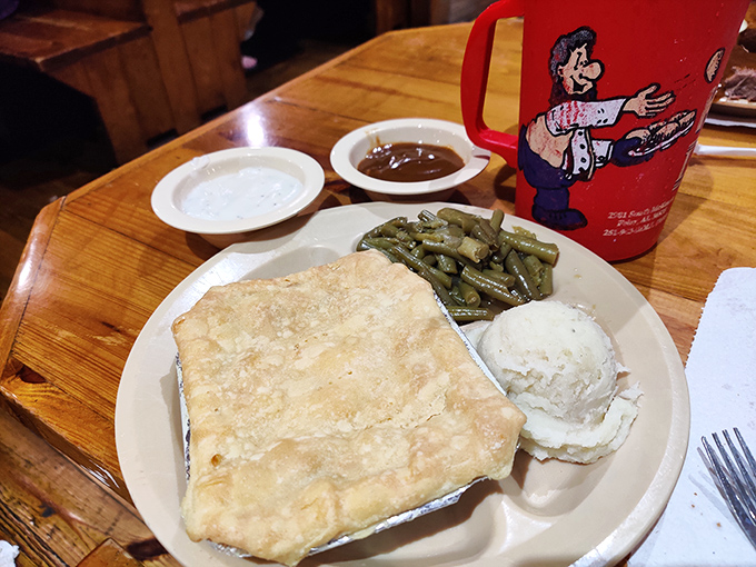 A chicken pot pie heaven with a side of green beans&mdash;proof that sometimes the simplest meals deliver the most profound satisfaction.