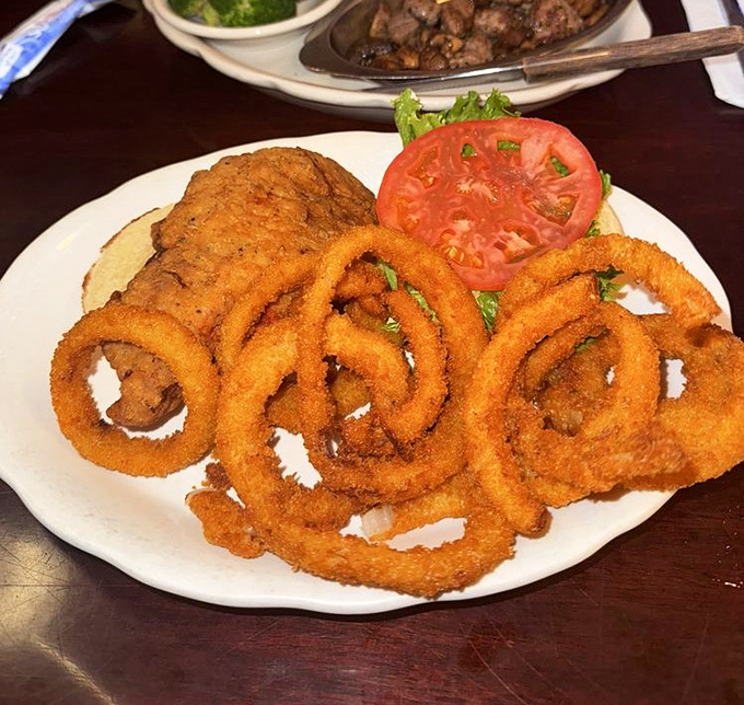 Golden onion rings stacked like delicious, crispy halos&mdash;proof that sometimes the side dish deserves its own standing ovation and doggie bag.