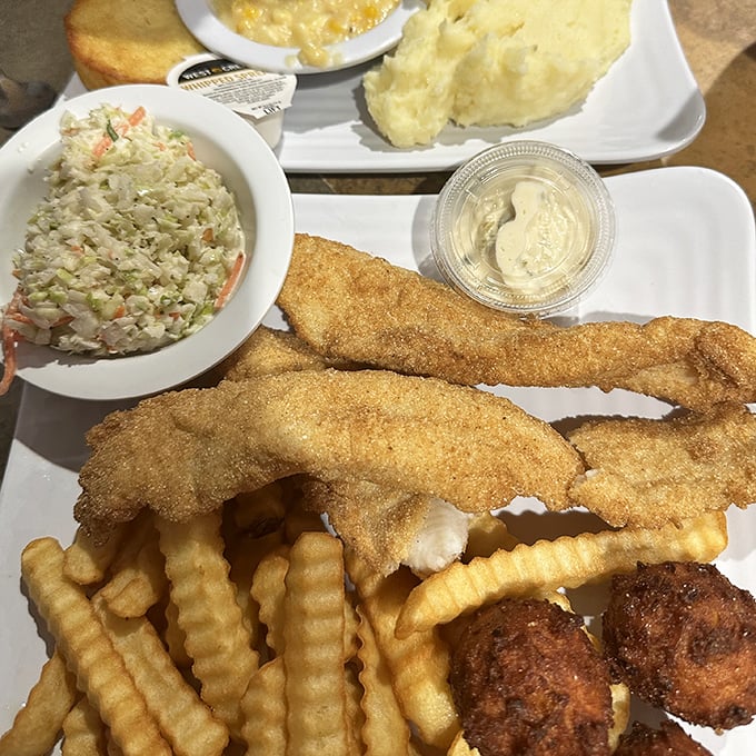 Perfectly golden chicken strips with that audible crunch that makes your heart skip a beat. Paired with creamy coleslaw, it's comfort on a plate.