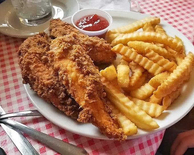 Crispy chicken tenders with a side of nostalgia. Those crinkle-cut fries are the supporting actors who steal every scene they're in.