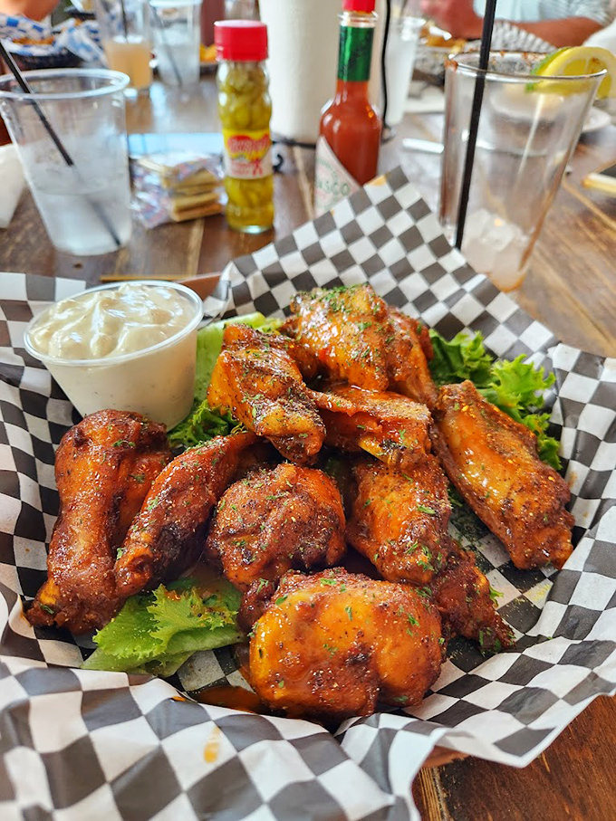 Wings that would make Buffalo jealous—crispy, saucy perfection that proves Half Shell Dockside isn't just a one-trick seafood pony.