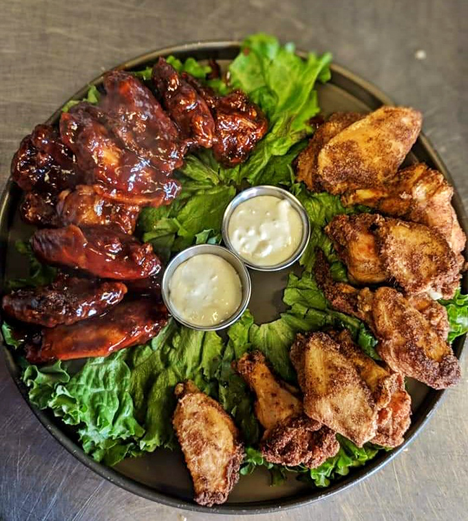 This platter of wings and chicken tells a tale of two textures&mdash;sticky-sweet glaze on one side, perfectly seasoned dry rub on the other. Heaven needs no sauce.