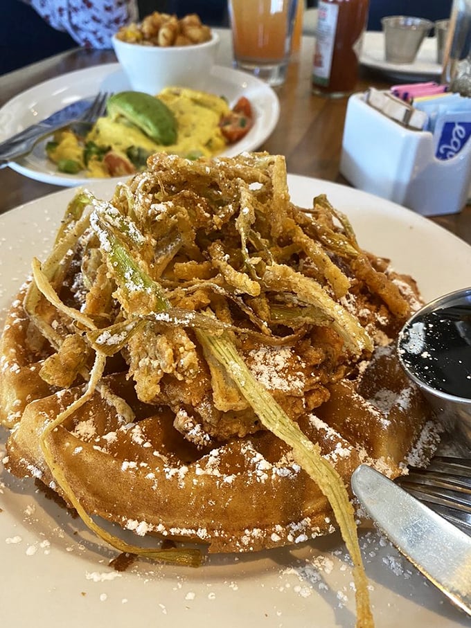 Chicken and waffles: the breakfast equivalent of wearing a tuxedo t-shirt. Formally delicious but with a playful wink.