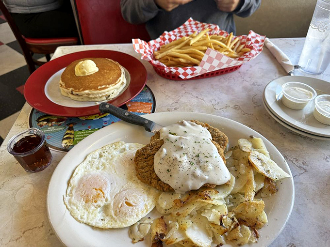 Chicken fried steak with eggs and potatoes&mdash;the breakfast equivalent of hitting a jackpot in Vegas. Worth every delicious calorie. 