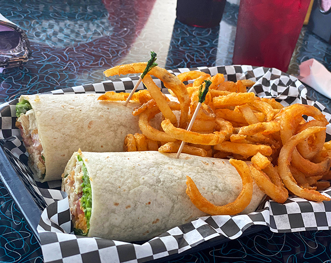 Lunch takes flight too! These wraps and curly fries prove the kitchen's talents extend well beyond breakfast hours&mdash;simple food executed with care.