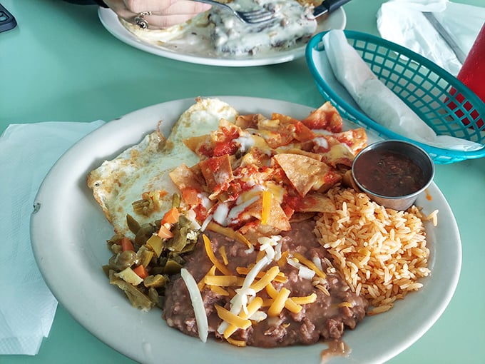 These chilaquiles don't mess around &ndash; crispy tortilla chips swimming in red sauce with beans and rice that could cure any ailment known to mankind.