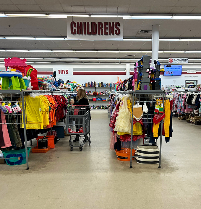 Childhood 2.0: where kids' clothes cost less than a Happy Meal. The toy section beckons in the background, promising plastic treasures galore.