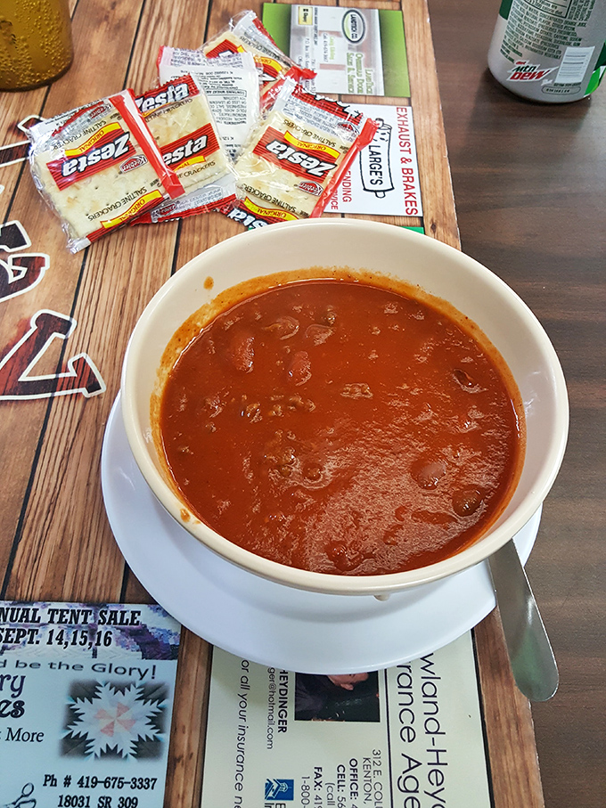 A bowl of homestyle chili that doesn't need fancy garnishes&mdash;just a stack of saltines and your undivided attention.