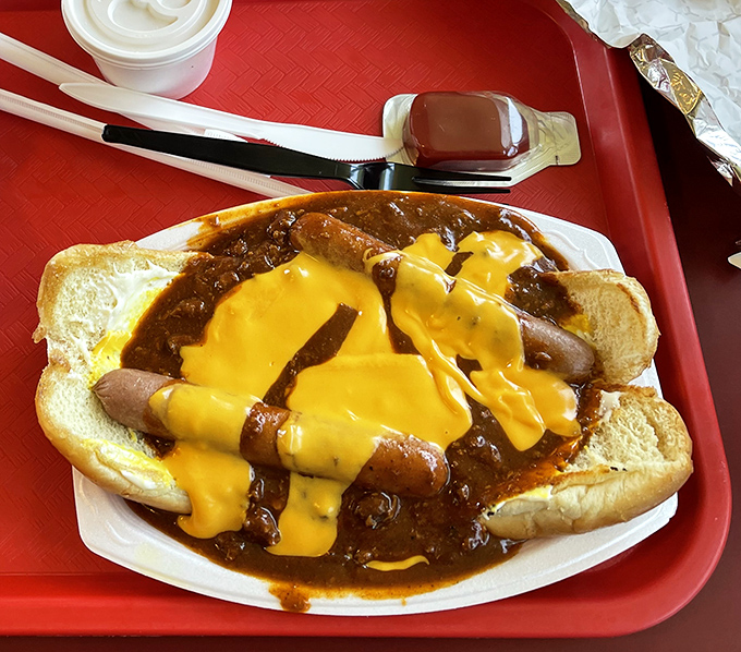 Chili dogs that would make any ballpark vendor weep with envy, topped with enough cheese to matter.