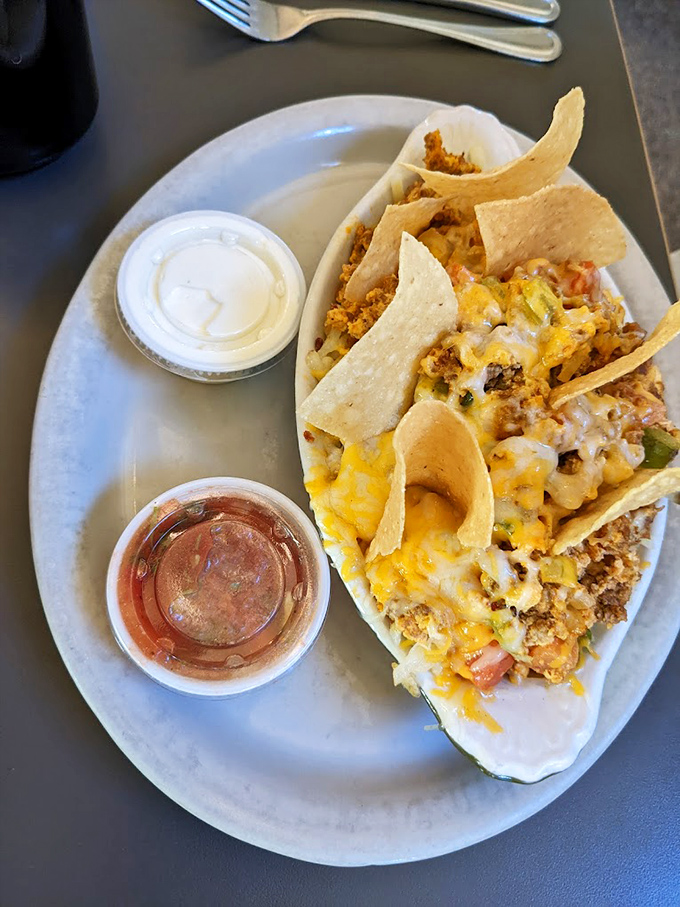 Chilaquillas that bring the Southwest to Wyoming. Like a fiesta in your mouth where cheese is the guest of honor and tortilla chips are dressed for the occasion.