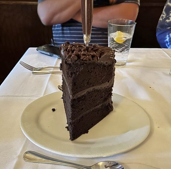A slice of chocolate cake so tall it needs its own zip code. Diet plans check in here but they don't check out.