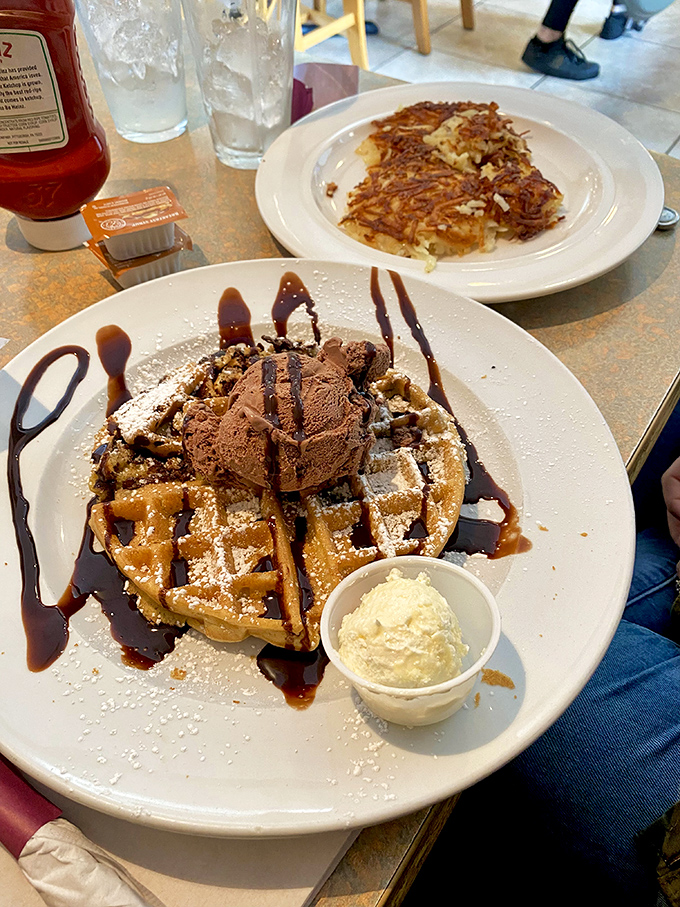 When waffles meet chocolate and ice cream, magic happens on your plate.