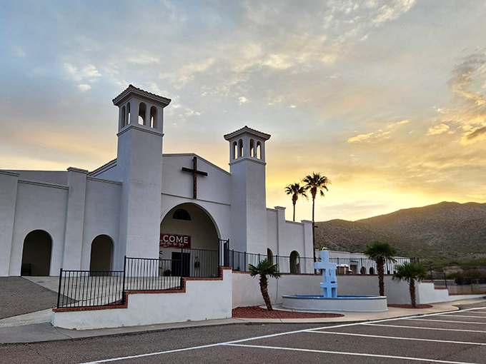 Mission-style architecture meets golden hour light, where Sunday traditions continue regardless of stock market fluctuations.
