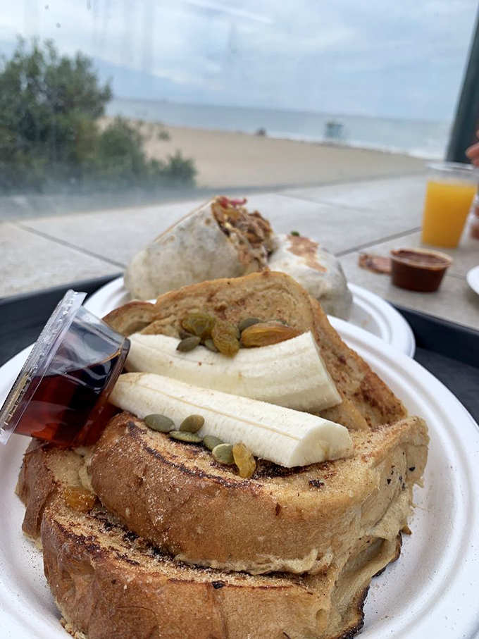 Breakfast with an ocean view: French toast topped with banana and seeds proves Beach House Tacos isn't just a one-trick pony.