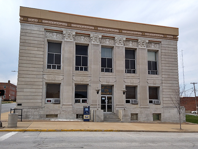 City Hall's imposing columns speak of a time when even small river towns built with big-city ambitions and limestone confidence.