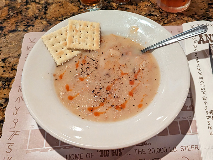 Creamy clam chowder that whispers of the nearby Gulf, served with crackers for the perfect textural contrast.