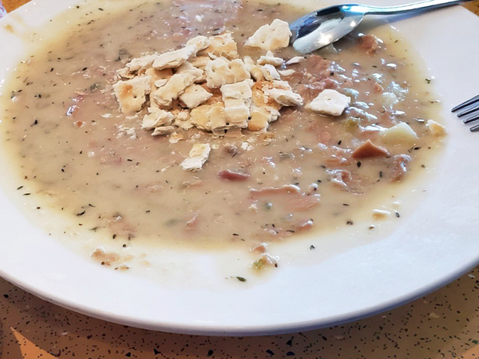 Clam chowder that would make a New Englander nod in approval &ndash; creamy, hearty, and studded with all the good stuff.