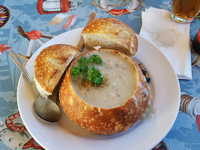 Clam chowder served in a sourdough bread bowl&mdash;where the vessel becomes part of the meal in a brilliant act of edible engineering.