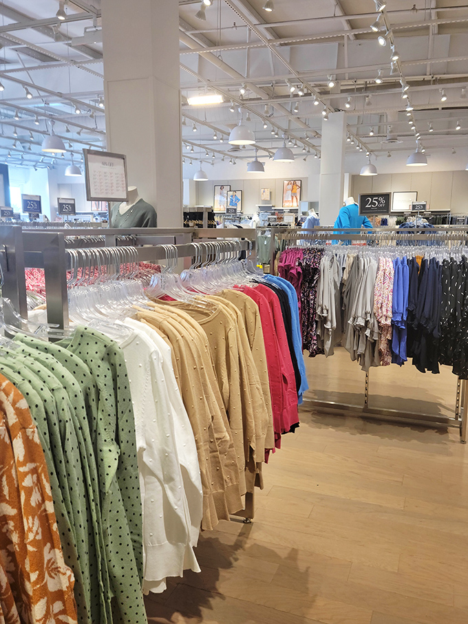 Color-coded retail heaven. When the rainbow of options makes you want one of each, you know you're in outlet nirvana.