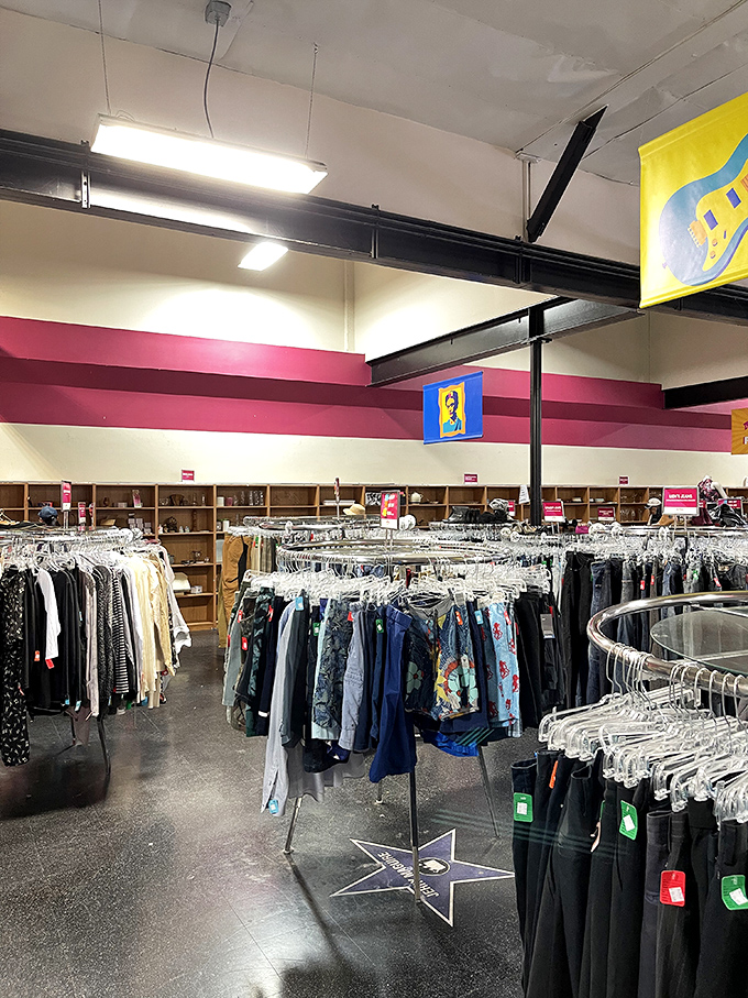 The clothing section resembles a well-organized rainbow, where yesterday's fashion becomes tomorrow's statement piece.