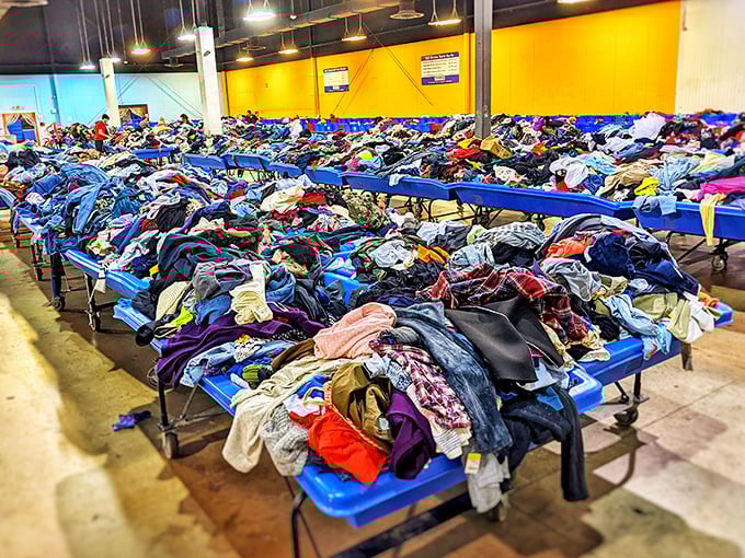 The clothing section stretches to the horizon like a textile Grand Canyon. Somewhere in this fabric forest is the vintage band t-shirt of your dreams.