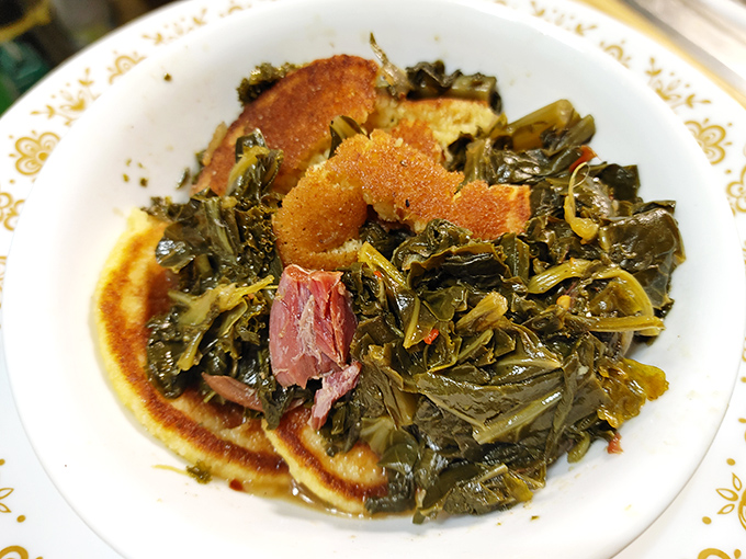 These collard greens have clearly been simmering with porky goodness for hours. Comfort food that your grandmother would approve of.