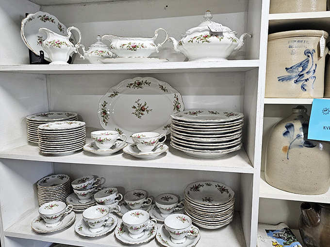 Complete sets of fine china that outlasted the marriages they were gifted for. Perfect for that dinner party where you want to subtly outshine your sister-in-law.