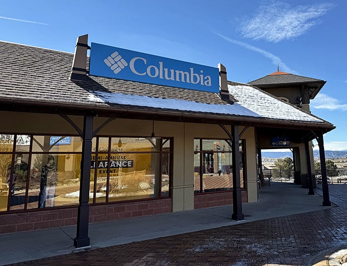 Columbia's storefront embodies mountain-town charm with its rustic wooden beams. Perfect for outfitting yourself before pretending you're an outdoorsy person.