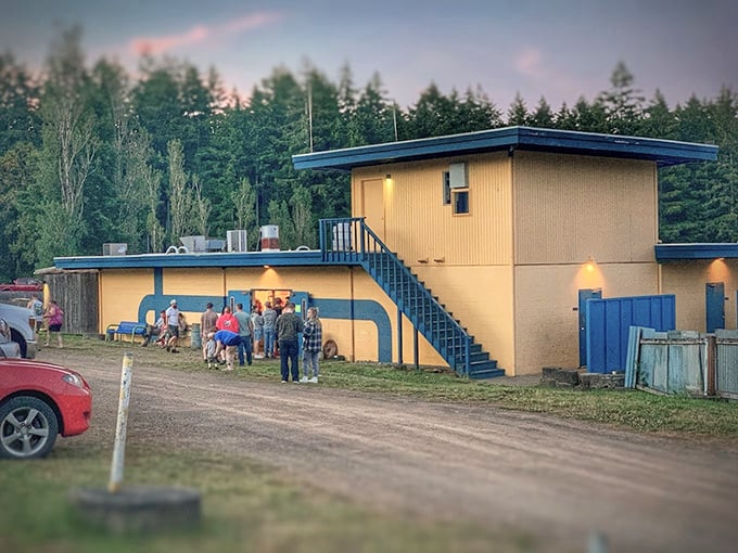 The yellow and blue concession building stands like a cheerful sentinel, guardian of popcorn dreams and soda fountain wishes.
