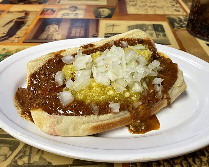 The coney dog &ndash; where chili, mustard, and onions come together like a delicious Americana power trio on a perfectly steamed bun.