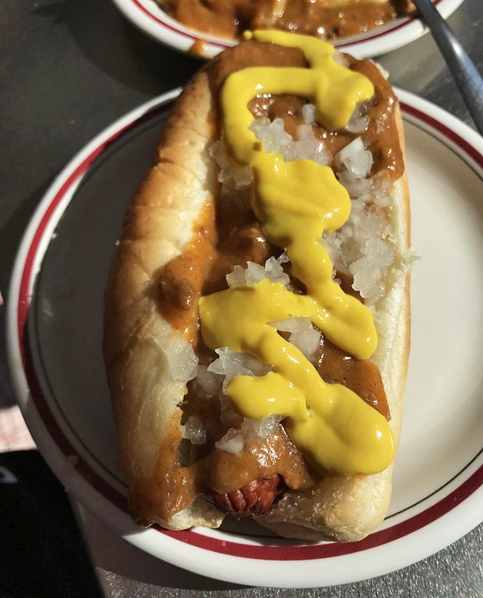 The classic coney dog in its natural habitat&mdash;steamed bun, snappy dog, chili, onions, and that signature yellow mustard zigzag that screams "Michigan!"