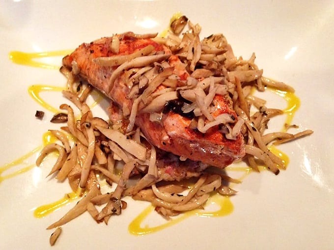 Copper River salmon perched atop a bed of mushrooms&mdash;nature's perfect partnership, like peanut butter found its aquatic soulmate.