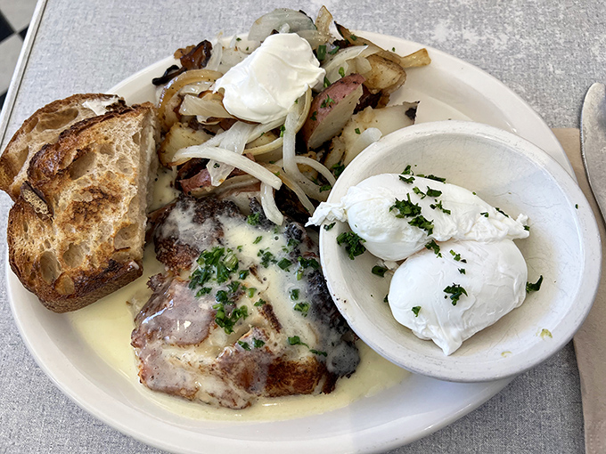 Corned beef hash that would make your grandmother jealous. Those poached eggs waiting to release their golden treasure are nature's perfect sauce.