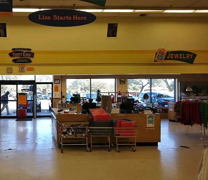 "Line Starts Here" reads the sign above the checkout, where carts full of treasures await their final approval before heading home.