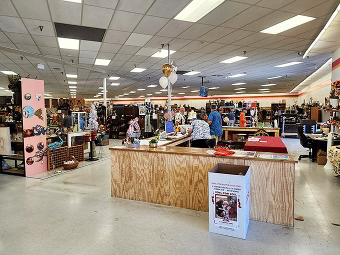 The central checkout counter serves as both command center and community hub. Where transactions are often accompanied by stories of each item's journey.