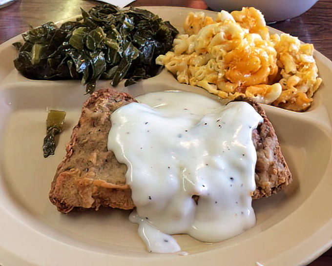 Country fried steak with gravy, collard greens, and mac & cheese&mdash;the holy trinity of Southern comfort that makes dieting seem like a terrible life choice.