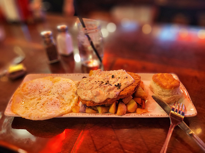 Country fried steak with eggs and home fries &ndash; the kind of plate that makes you grateful mornings exist.