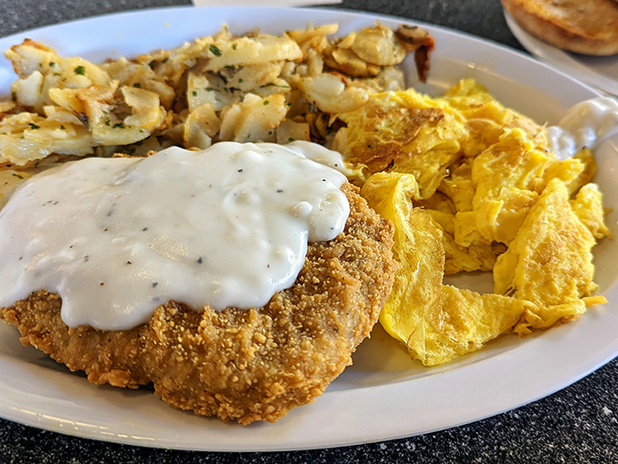 Country fried steak with gravy that would make your Southern grandmother nod in approval. Comfort food that hugs you from the inside.