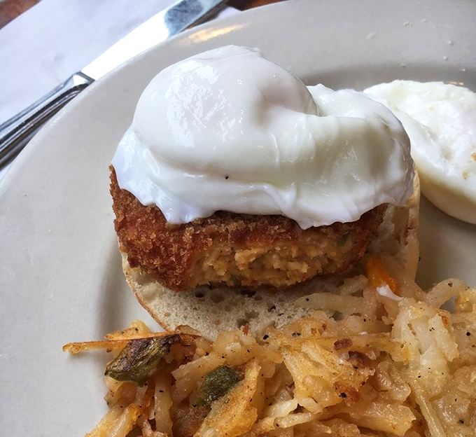 Maryland meets Manhattan in this crab cake Benedict&mdash;crispy exterior, tender inside, topped with an egg that's poached to perfection.
