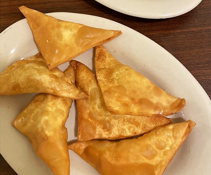 Golden crab rangoon triangles arrive hot and crispy, hiding creamy centers that disappear faster than you can say "order more, please."