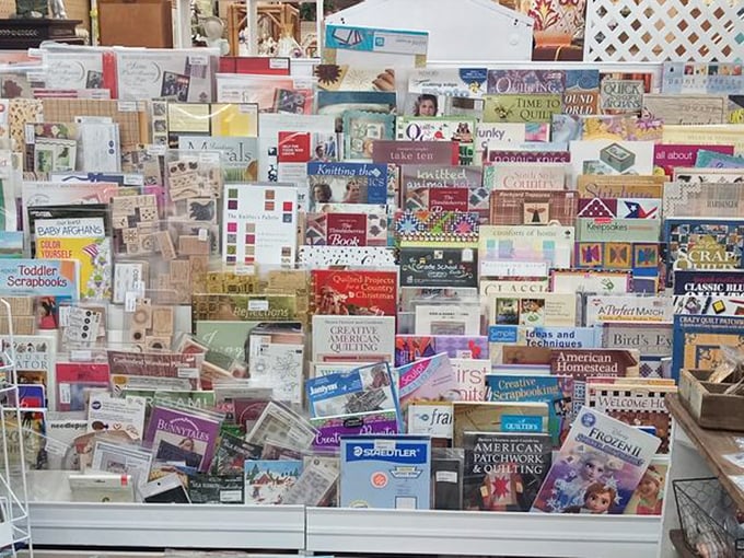 A crafter's dream library where inspiration overflows. More patterns than your grandmother's closet, with twice the creative potential.