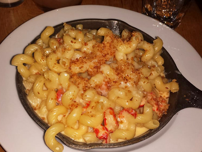 Crawfish mac and cheese that makes you wonder why anyone bothers with the regular kind. Southern comfort in a cast iron skillet.