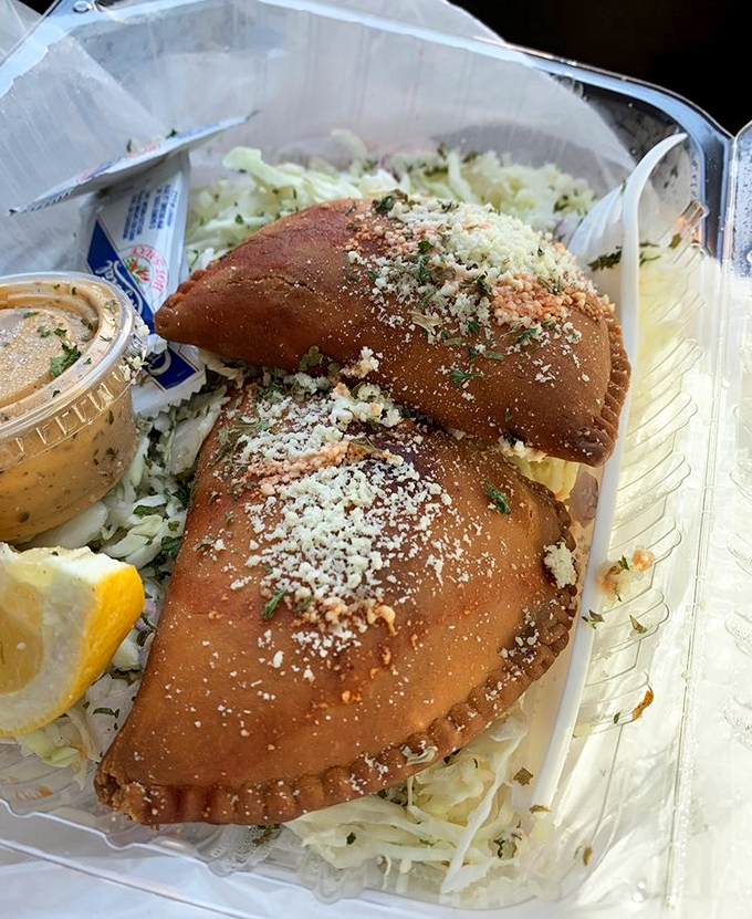 Not just a meal but an edible postcard from Louisiana&mdash;this savory hand pie rests on a bed of slaw, dusted with seasoning that whispers tales of the bayou.