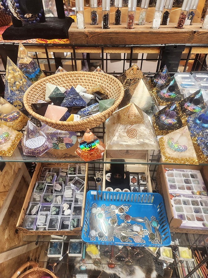 Crystal collectors, beware! This magical display of gemstones and pyramids might hypnotize your wallet into making unplanned purchases.