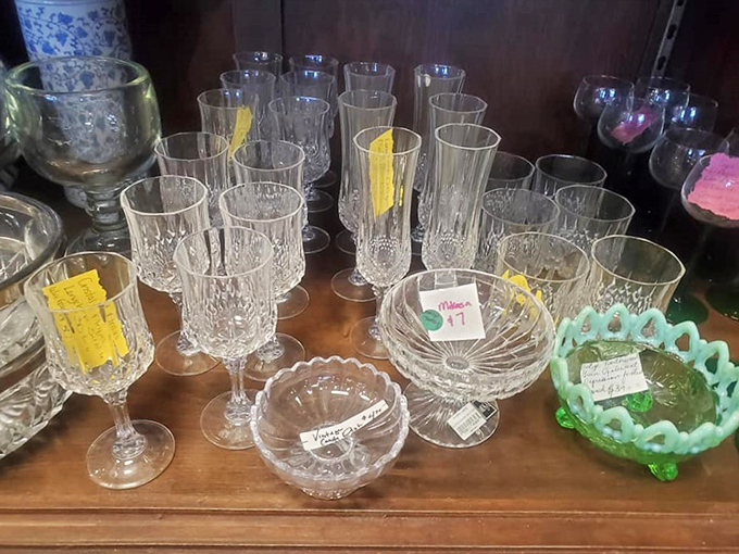 Crystal that once toasted special occasions now waits for new celebrations. That green milk glass bowl would make your grandmother swoon with nostalgia.